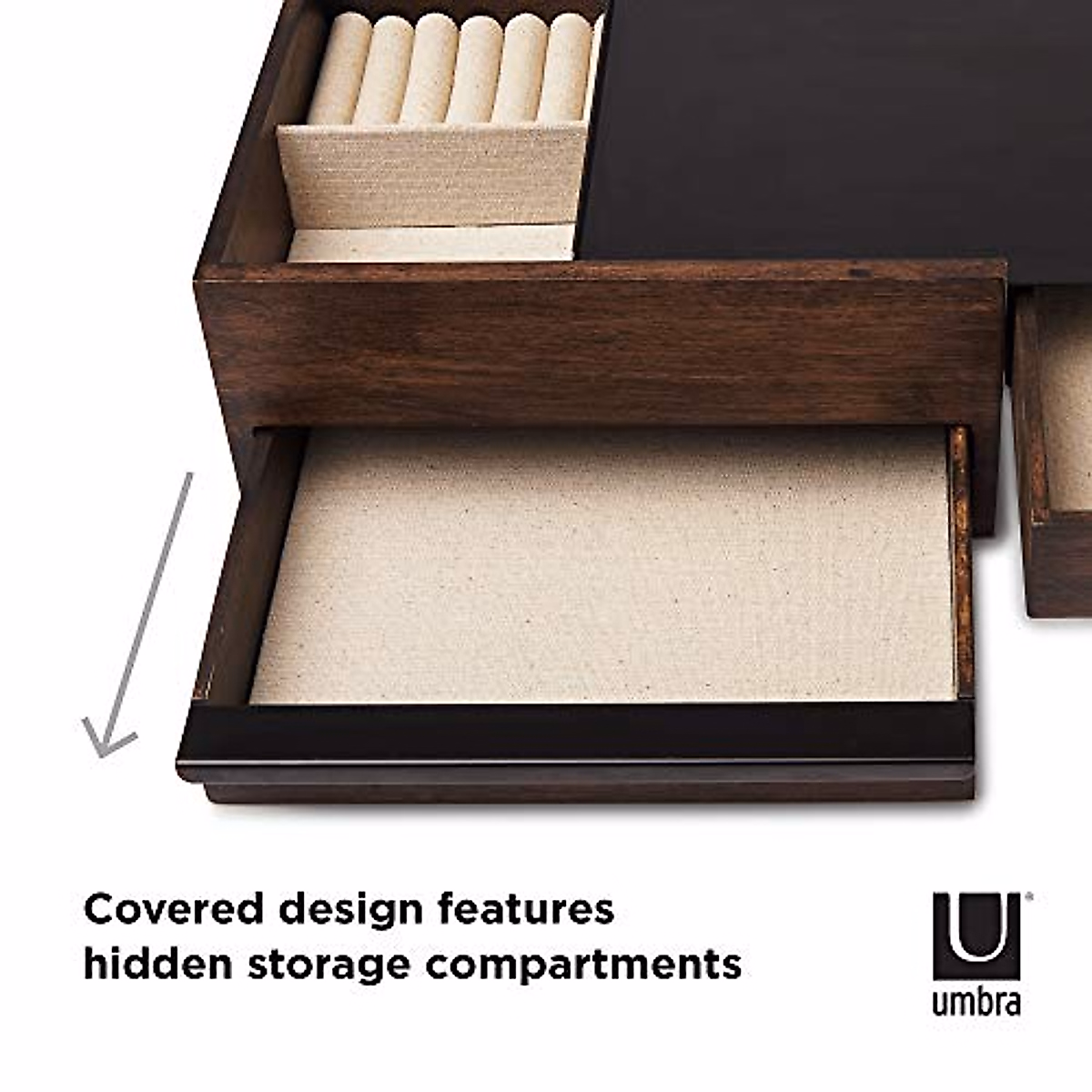 Umbra Stowit Jewelry Box-Modern Keepsake Storage Organizer with Hidden Compartment Drawers for Ring, Bracelet, Watch, Necklace, Earrings, and Accessories, Black/Walnut