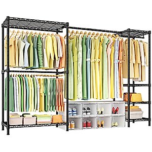Ulif E10 Clothes Rack（With Stretchable Hanger Rod）Freestanding Clothing Racks for Hanging Clothes，Adjustable Closet Organizer System，Portable Garment Rack 73-97"W x 15" D x 72" H，Max Load 800LBS，Black