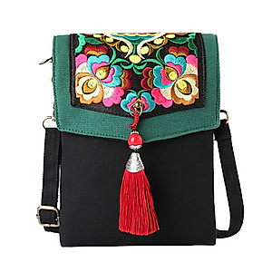 Embroidered Tassels Canvas Crossbody Bag, Cute Shoulder Bag Cellphone Pouch Purse (A02: Vertical-Tassel-Green)