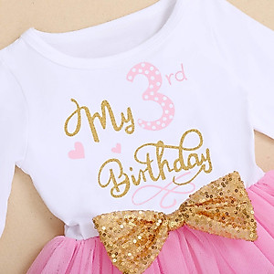 ODASDO Toddler Kids Girl My 3rd Third Birthday Cake Smash Outfit Cotton Long Sleeve Princess A-line Tutu Tulle Dress Bowknot Headband Set Three Years Old Party Clothes Photo Props Pink 3 Years