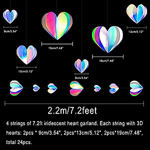 24Pcs 3D Iridescent Heart Garlands Holographic Birthday Party Streamers Anniversary Home Ceiling Décor Engagement Wedding Baby Shower Graduation Classroom Party Supplies