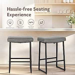 ALPHA HOME Bar Stools Backless Saddle Seat Barstools Modern PU Leather Cushion Counter Height Chairs Set of 2 for Kitchen Island, Dining Pub and Bistro, 24 Inches, Grey, 2PCS