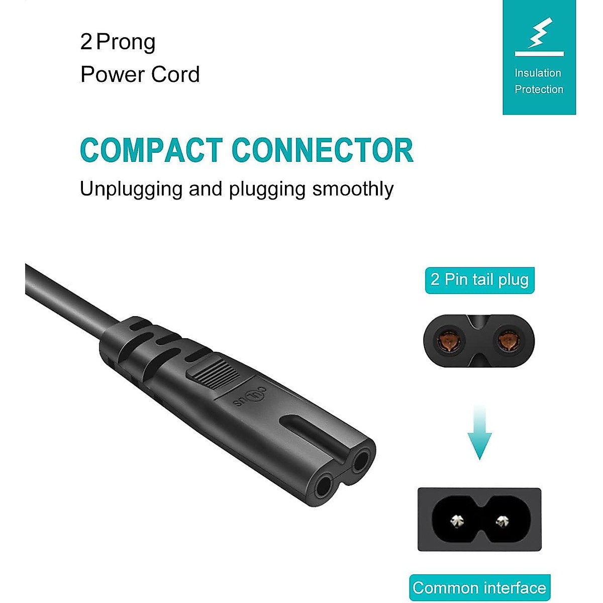 10Ft Projector Power Cord for Mini Projector,Portable Projector Replacement 2 Prong Power Cable