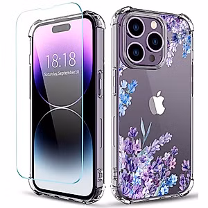 YOYORI iPhone 14 Pro Case with Screen Protector, Flower Pattern Design, Floral Clear Women Phone Case Shockproof Protective Soft TPU Bumper Cover 6.1 Inch 2022 (Lavender/Purple)