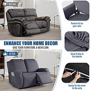 TAOCOCO Recliner Loveseat Slipcover, 2 Pieces Polyester Fabric Stretch Sofa Covers for 2 Seat Reclining Couch, Soft Washable Furniture Protector with Pockets (2 Seat, Dark Gray)