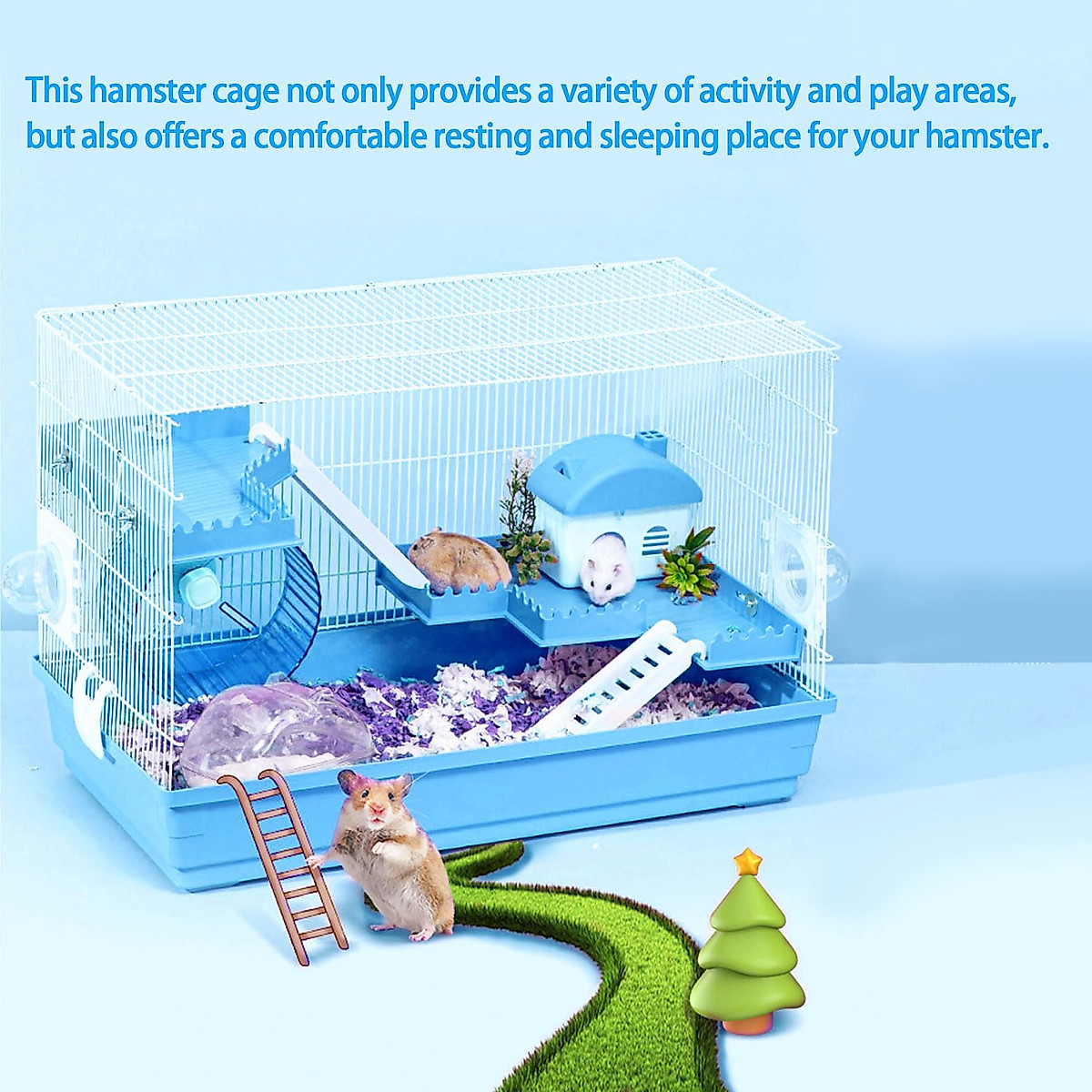 kathson Hamster Cages and Habitats Large Gerbil Cage with Accessories Hut Exercise Wheel Water Bottle Bowl Bathtub Small Animal Basic Cage for Syrian Hamster，3- Levels，22" L x 12.5" W x 14" H，Blue