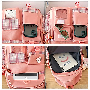 KOVPIFB 5 PCS Kawaii Backpack Set,Cute Plush Pendants & Pins Aesthetic Schoolbags for Teen Girls,Large Capacity Bookbags Pink
