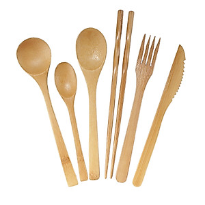 BambooMN Organic Reusable Bamboo Utensil Set 3 Spoons Fork Knife and Chopsticks - 2 Sets