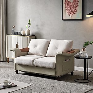 KoiHome Upholstered Loveseat Couch with Side Pockets and Storage Space Under Seat, 61.5" 2-Seater Linen Fabric Faux Leather Sofa Chaise with Curved Arms for Living Room,Bedroom,Office, Wood Leg, Beige
