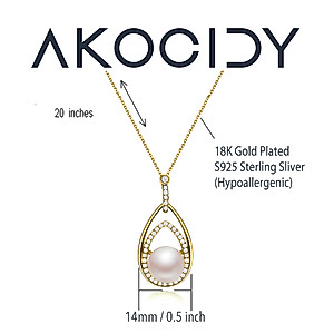 AKOCIDY Genuine Pearl Pendant Necklace 925 Sterling Silver Plated Yellow Gold Necklace (Gold Water Drop Type)