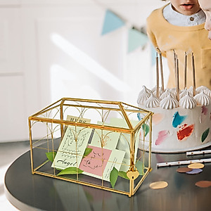 12.6x5.9x9.0inch Wedding Gold Glass Card Box with Lock and Slot - Wedding Envelope Card Holder for Reception Handmade Gold Decorative Box, Party Centerpiece Gift Card Box Handmade Wedding Card Box