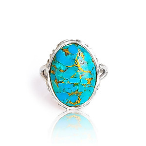 YoTreasure Blue Copper Turquoise Oval Shape Statement Ring 925 Sterling Silver Gemstone Jewelry