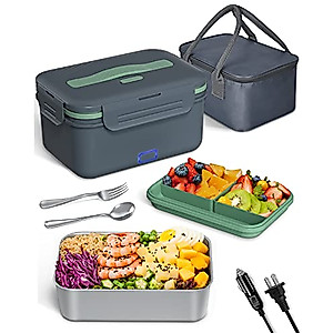 Monteka Electric Lunch Box Food Heater Upgrade 60/80/100W Double Layer Portable Food Warmer, 12V/24V/110V Heated Lunch Box for Adults Car Truck Home with 1.8L Removable Stainless Steel Container