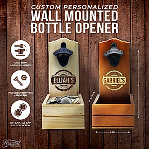Custom Engraved Wood Wall Mounted Beer Soda Bottle Opener with Cap Catcher - Personalized with Bottle Cap Style (Red/Brown)