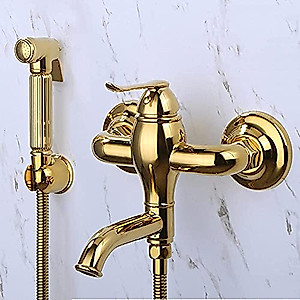 NBAAYIK Wall Mounted Bathroom Toilet Bidet Mixer Spray Kit Golden Single Handle Sprayer Toilet Bidet Shower Head Bathroom Shower Bidet Taps Spray Toilet Cleaning Faucet-B