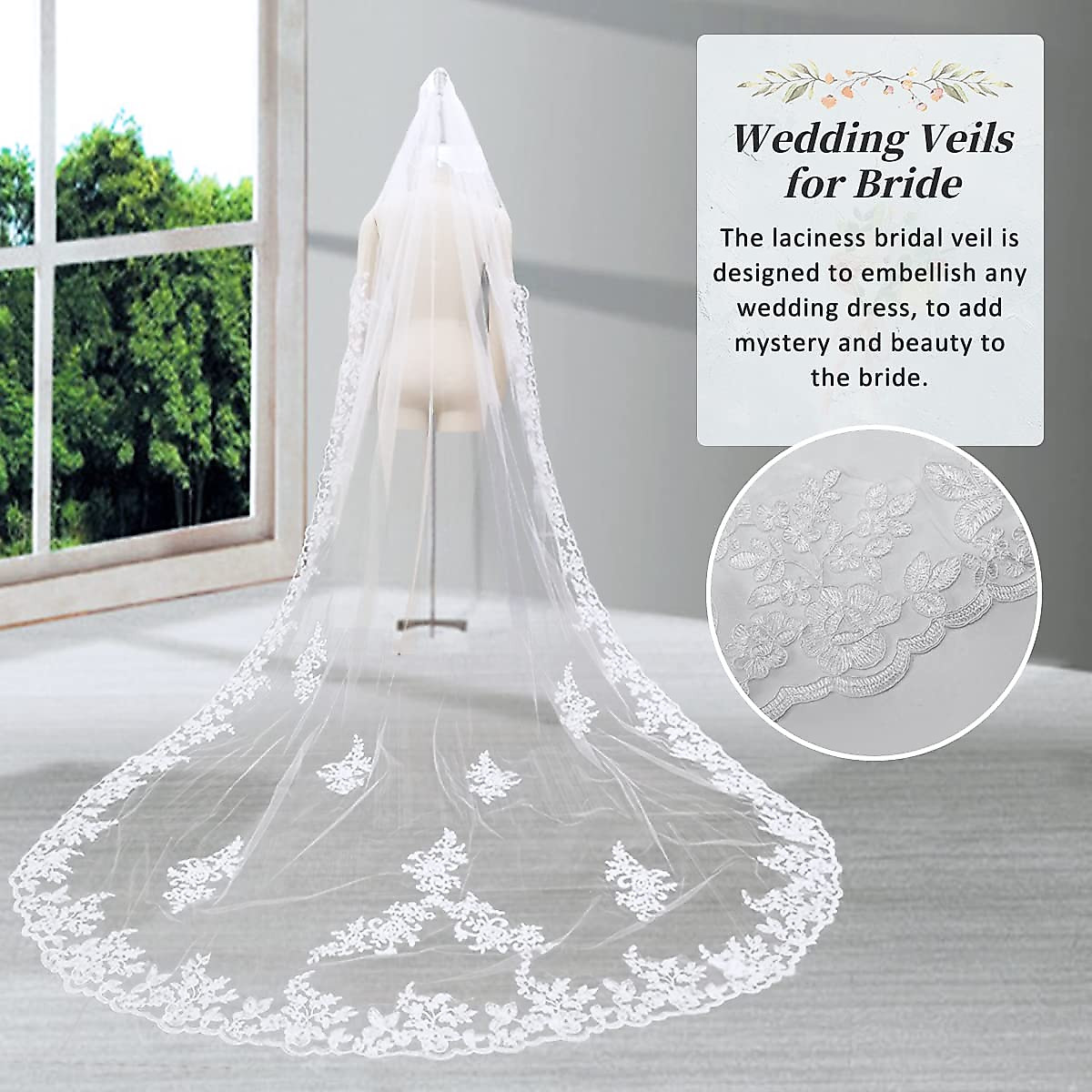 Miureal Bride Veil Wedding Veils for Brides 118" Long Bridal Cathedral Veil 1 Tier Tulle Bridal Veils with Comb