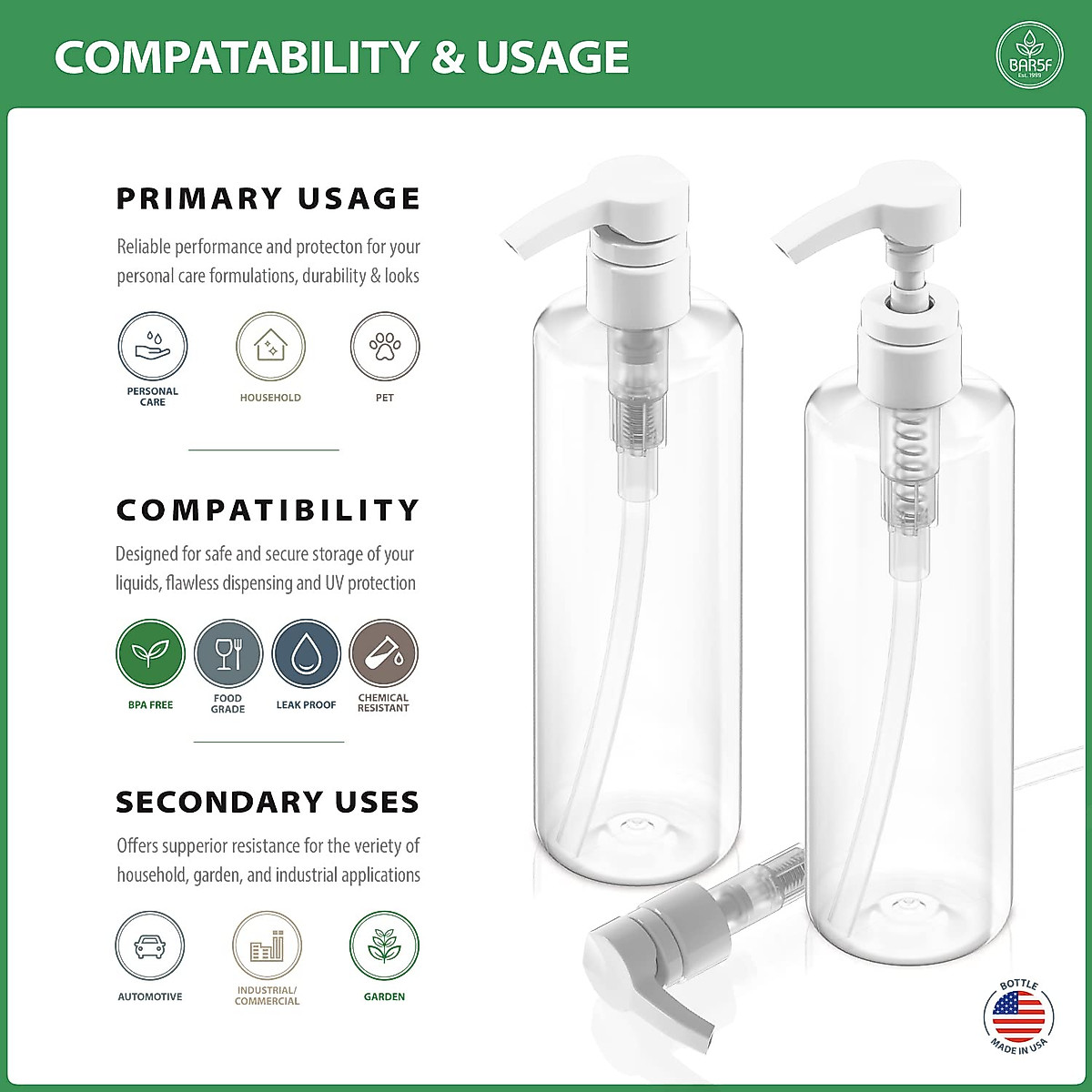 Bar5F 16-Ounce Pump Bottles for Shampoo and Conditioner BPA_Free Heavy-Duty Cristal-Clear Lotion Body Wash, 2-Pack