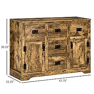 HOMCOM Industrial Sideboard Buffet Cabinet, Kitchen Cabinet with Five Drawers, Two Door Cabinets, Adjustable Shelf Coffee Bar Cabinet, Brown