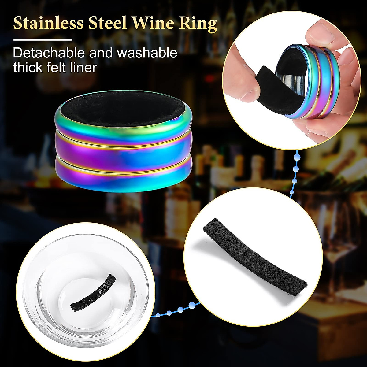 Sunnyac Wine Bottle Collar, Set of 4 Stainless Steel Wine Drip Rings, Wine Drop Ring Catcher or Stopper with Detachable Felt Liner, Small Handy Wine Accessories for Kitchen and Bar (Multi 4)
