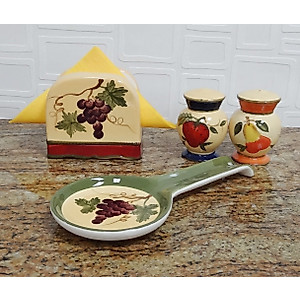 ACK Tuscany Garden Ceramic Colorful Hand Painted Mixed Fruit 4PCs Stove/Table Top Set,Pepper and Salt Shakers,Napkin Holder and Spoon Rest, Kitchen Décor