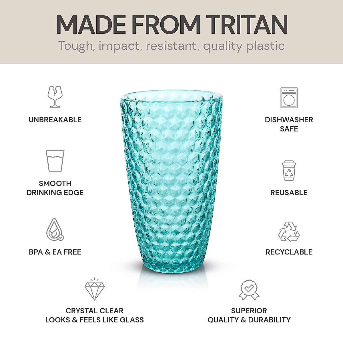 BELLAFORTE Shatterproof Tritan Plastic Tall Tumbler, Set of 4, 19oz - Laguna Beach Drinking Glasses - Unbreakable Tritan Drinking Glasses for Parties - BPA Free - Blue