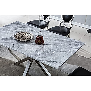 ShopBOPP Marble Dinner Table, Modern Gray Rectangle Dining Table with Marble Top and Stainless Steel Cross Base, Silver Mirrored Finish Kitchen Table Dining Room Table for Dining Room (63”, Gray)