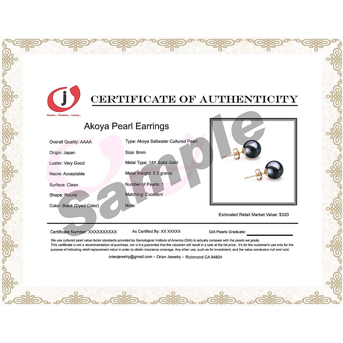 Japanese Akoya Cultured Pearl Earrings Stud AAAA Graded 8mm Black Stud Earrings for Women with 14K Gold Settings and Jewelry Gift Box - Orien Jewelry