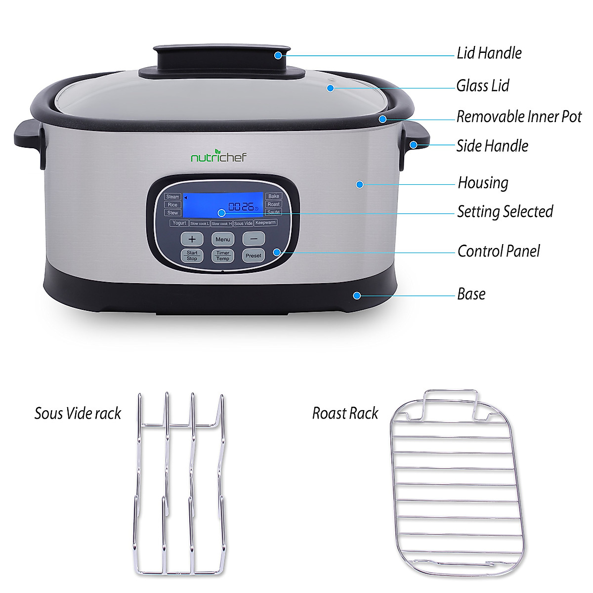 NutriChef Slow Cooker Electric Steamer - Sous Vide Cooking Mode, Stainless Steel High Pressure Multi-Cooker Crock Pot with Digital LCD Display, 11 Preset Cooking Modes, 6.5 Quart Capacity AZPKPC45