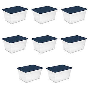 Sterilite Stackable 56 Quart Clear Home Storage Box with Handles and Marine Blue Lid for Efficient, Space Saving Storage and Organization (8 Pack)