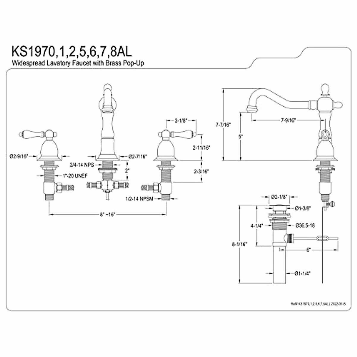 Kingston Brass KS1977AL 8 in. Widespread Bathroom Faucet, Brushed Brass, 7-9/16 Inch in Spout Reach