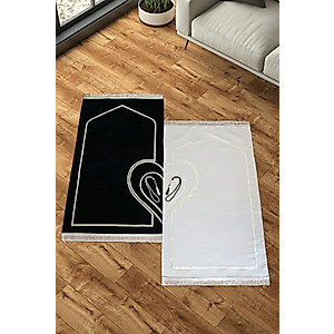 ihvan online, Muslim Prayer Rug for Couples, Praying Mat Set for Women & Men, Heart Patterned, Soft, Prayer Beads, Islamic Gifts for Ramadan Eid Valentines Day, Two Pieces, White-Black