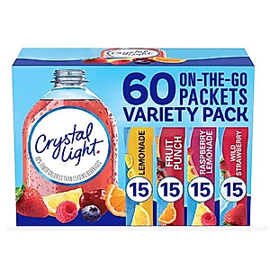 Crystal Light Sugar-Free, Lemonade, Fruit Punch, Raspberry Lemonade and Wild Strawberry On-The-Go Powdered Drink Singles Mix Variety Pack, 60 Count, Each Packet Dissolves into any 16.9 oz