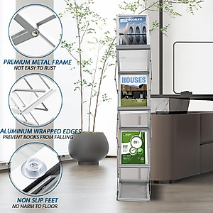 6 Pockets Literature Catalog Rack, Foldable Magazine Brochure Display Stand, Magazine Floor-Standing with Portable Oxford Bag, Aluminum Pop up Brochure Stand for Trade Show