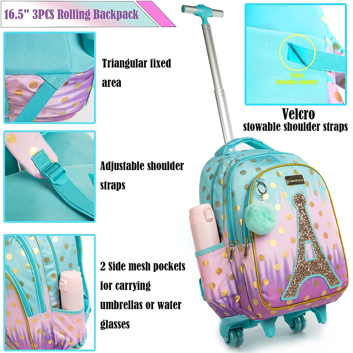 Egchescebo School Bags Kids Rolling Backpack Luggage Suitcase With Wheels Trolley Wheeled Backpacks for Girls Travel Bags 3PCS Cat Backpack With Lunch for kids Sky Blue Bags