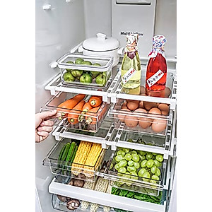 J2K Refrigerator Organizer Bin | Retractable Fridge Storage Drawer Organizer | 1-4 Adjustable Partition Fruits, Vegetables, Egg Storage Container | Fits Fridge Shelf Lip Under 1.5 Cm