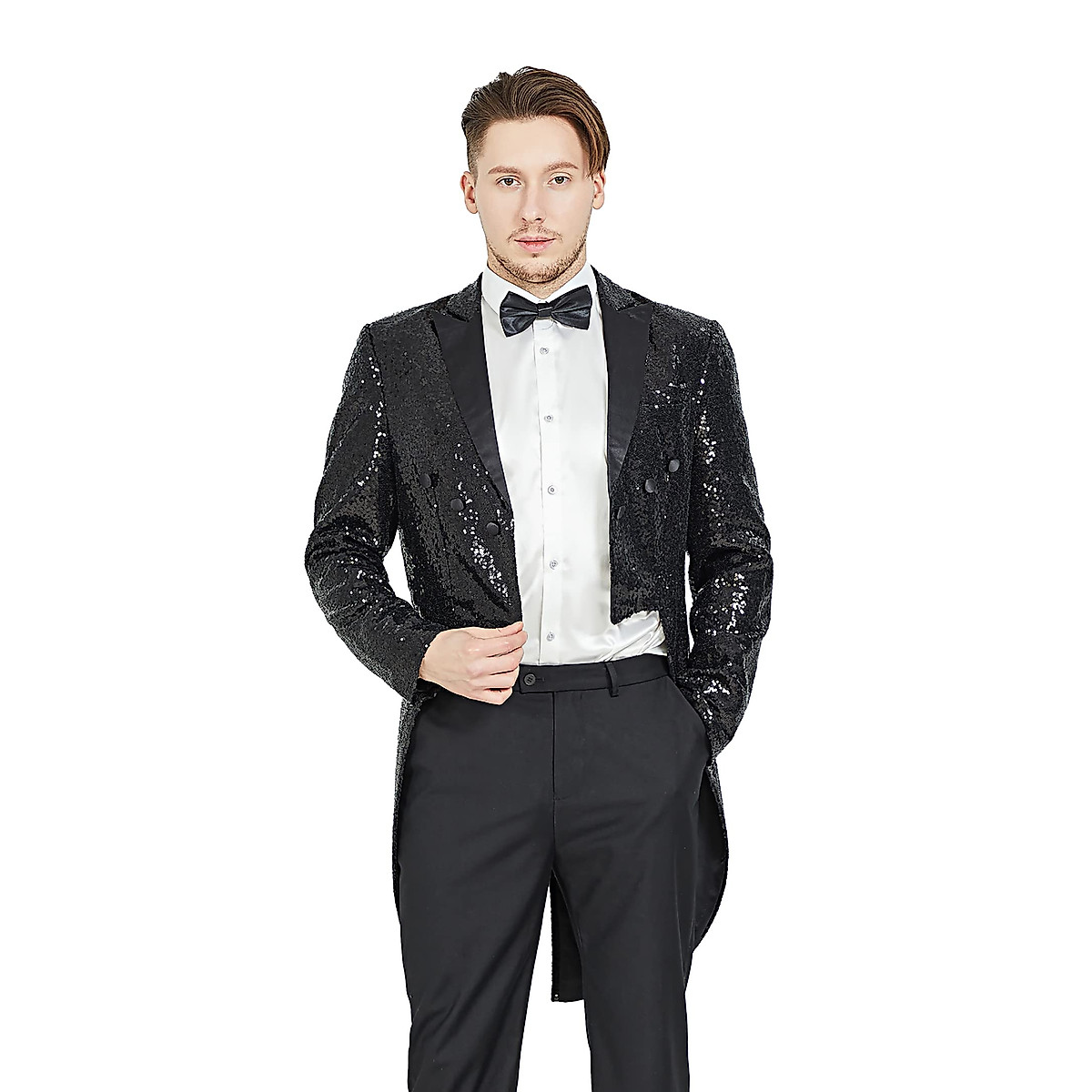 MAGE MALE Mens Sequin Tuxedo Jacket Tails Slim Fit Tailcoat Dress Coat Swallowtail Dinner Party Wedding Blazer Suit Jacket Black