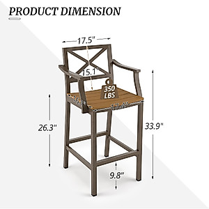 Cozyman Outdoor Bar Stools Set of 2, 26 Inch All Weather HDPS Patio Counter Height Barstools with Armrest & Footrest, Aluminum Bar Stool Chairs for Hot Tub, Balcony, Yard, Indoor Or Outdoor Use, Teak