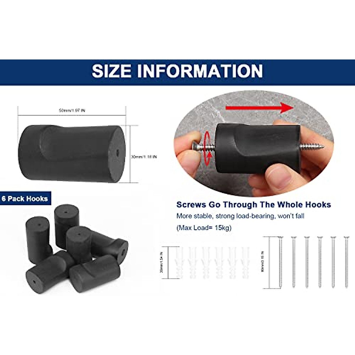 NearMoon Wood Wall Hooks, Natural Wooden Coat Hooks- Modern Handmade Decorative Hat Hooks Wall Mounted, Heavy Duty Rustic Wooden Wall Pegs for Hanging Towel Bag Clothes, 6 Pack (Black)