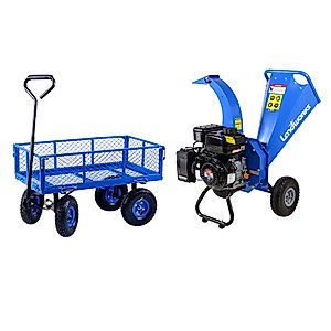 Landworks Mini Wood Chipper Compact Design 3" Inch Max Capacity & Heavy Duty Lawn/Garden Utility Cart w/Removable Side Meshes, 400 lbs [Bundle Deal]