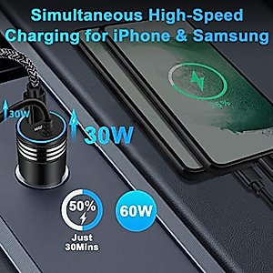 Android USB C Samsung Super Fast Car Charger for Samsung Galaxy S23 Ultra/S23/S23 Plus/A14 5G/A54/S22/S21 fe/S20/A53 5G/A13/A03S/A32, 60W Fast Car Adapter with 30W Built-in Type C Fast Charging Cable