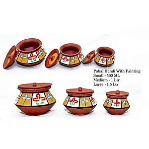 Artisansorissa Hand Painted Dahi Handi/Clay Handi/Mitti Handi/Curd Pot Hexagon Shape 3Pc Set,Brown,maati-21