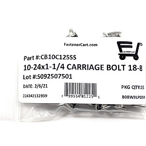 10-24x1-1/4 Carriage Bolts Stainless Steel 18-8 (25 Pieces)