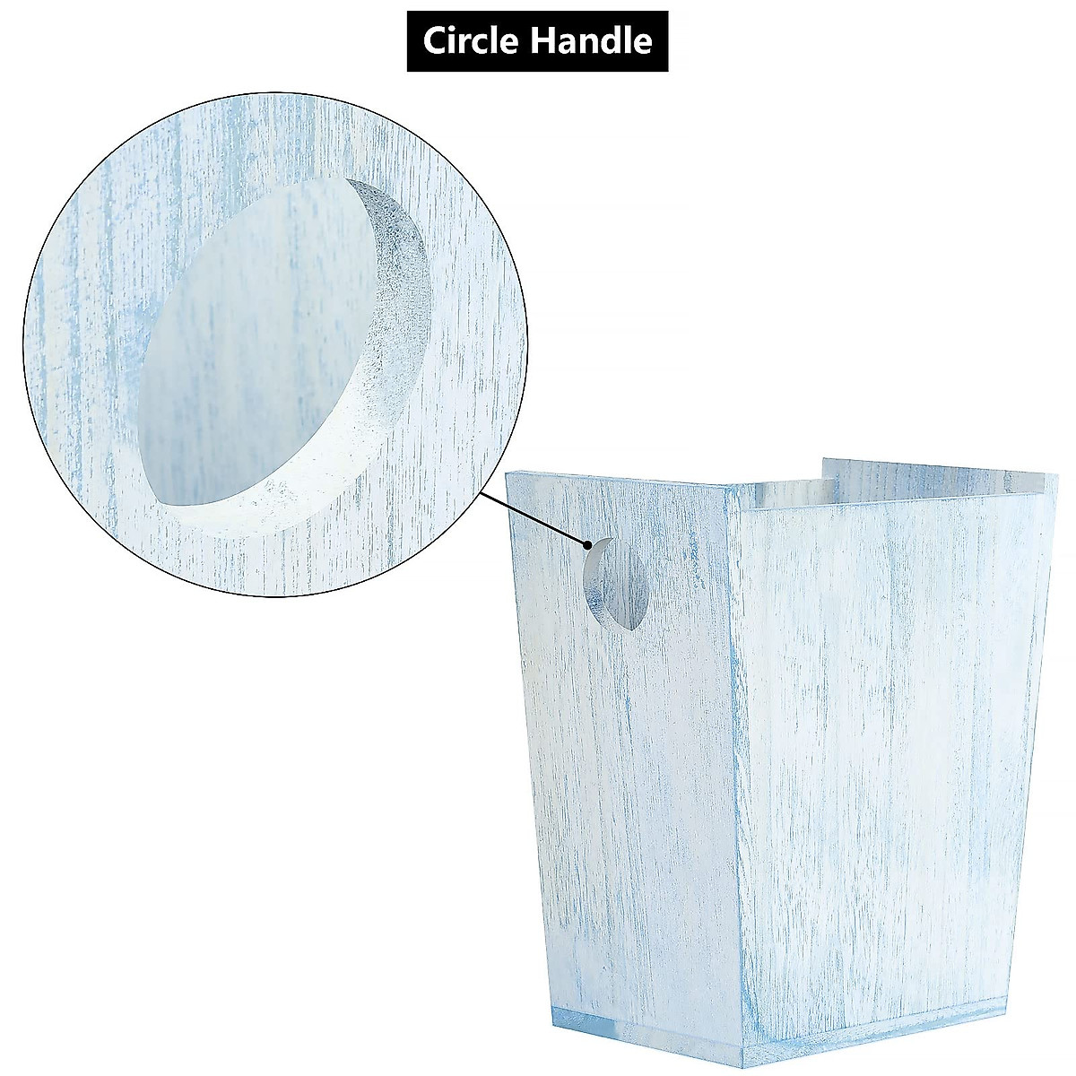 Rustic Wastebasket Wood Trash Can Farmhouse Bathroom Waste Bin with Built-in Double Round Handles for Office, Bedroom, and Bathroom, Blue White