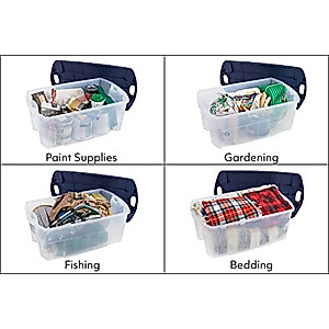Rubbermaid 28 Gallon Jumbo Clear Tote, Stackable, Large Capacity, Home, Garage, and Office Storage Organizers, Durable Snap-Tight Lids, Clear Bins/Dark Indigo Metallic Lids, Pack of 2