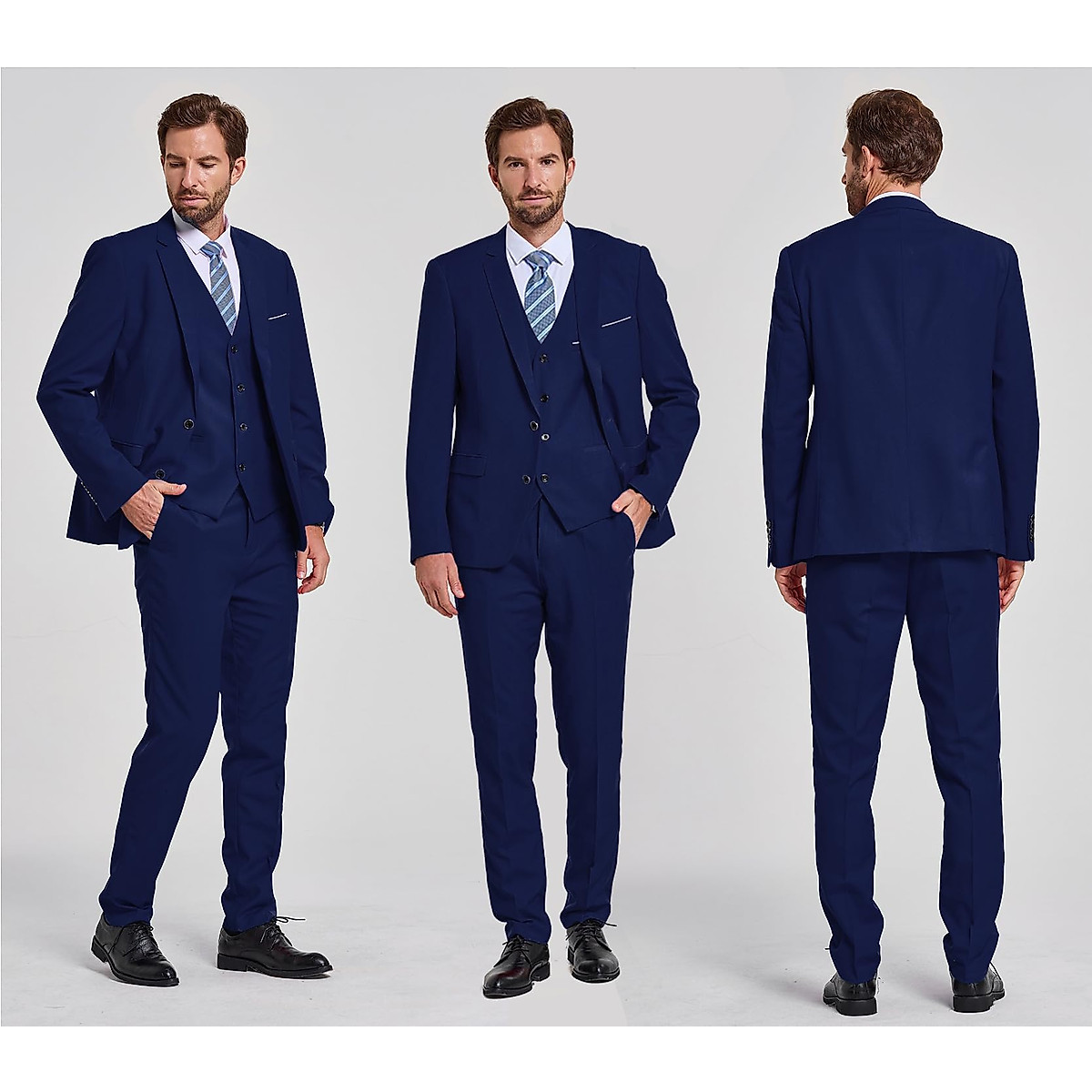 MY'S Men's 3 Piece Slim Fit Suit Set, 2 Button Blazer Jacket Vest Pants with Tie, Solid Wedding Dress Tux and Trousers Deep Blue