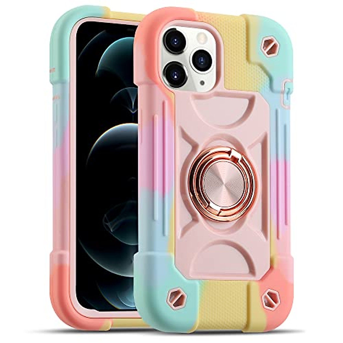MARKILL Compatible with iPhone 12/12 Pro Case 6.1 Inch with 360 Degree Rotate Ring Stand, Military Grade Drop Protection Rugged Heavy Duty Case 3 in 1 Protective Durable Cover (Rainbow Pink)