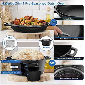 HaSteeL 5 Quart Cast Iron Dutch Oven, 2-In-1 Pre-seasoned Dutch Oven with Chain Mail, Ideal for Sourdough Bread Baking Cooking Stewing Frying Roasting, Camping, 5 QT Stock Pot & 2 QT Skillet Lid Pan
