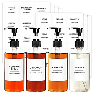 Mustry Coffee Syrup Dispensers for Coffee Bar Accessories with 84 Minimalist Syrup Labels, BPA Free Food Safe PET Coffee Syrup Bottles with Pump Plastic Syrup Containers, 300 ml Set of 4
