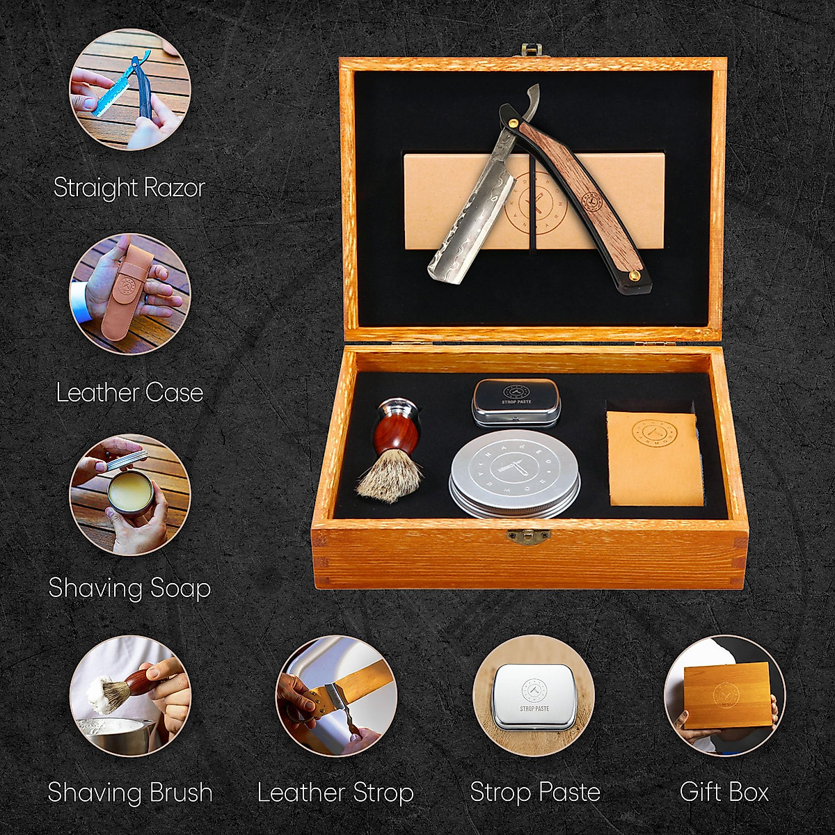 Damascus Straight Razor Kit - Shave Ready Straight Razor, Damascus Steel Straight Edge Razor, Walnut + Steel Straight Razor For Men, Brush, Strop, Soap, Complete Straight Razor Shaving Kit, Great Gift