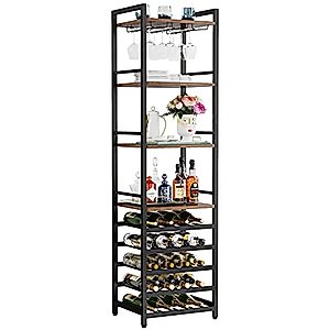 LITTLE TREE Wine Rack Freestanding Floor, 9 Tier Wine Bar Cabinet for Liquor and Glasses Storage, Wine Bottle Holder Shelf for Home Kitchen Dining Room, Rustic Brown (20 Bottle)